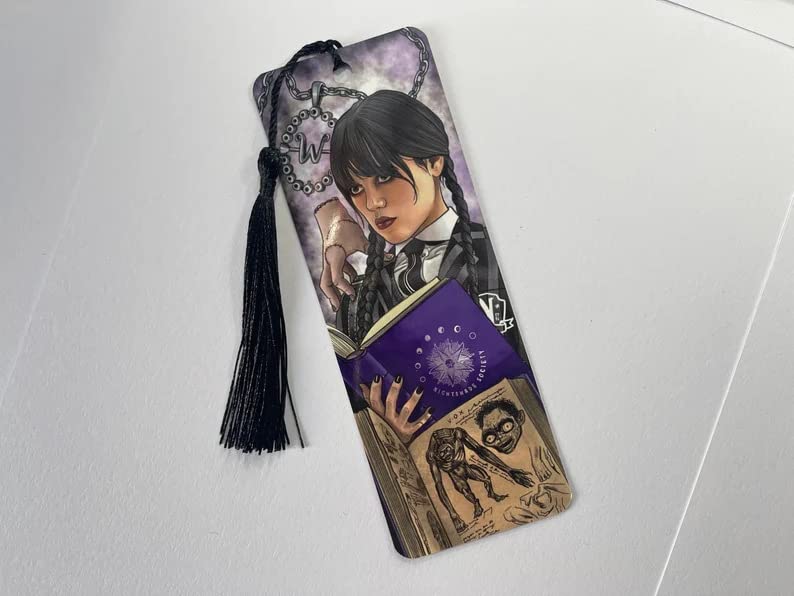 jinrio Wednesday Addams Bookmark with Tassels,Double Sided Bookmarker Excellent Party School Classroom Prize Reading Rewards,Gifts for Fans