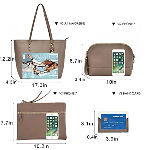 Large Tote Bags for Women Shoulder Bags Leather Clutch Purses and Wallet 4 pcs Set Khaki