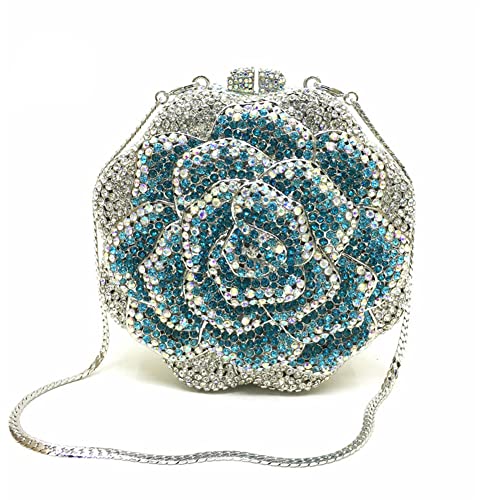 Tngan Women Elegant Rose Flower Evening Clutch Sparkling Crystal Rhinestones Purse Banquet Prom Wedding Handbag, Silver Teal