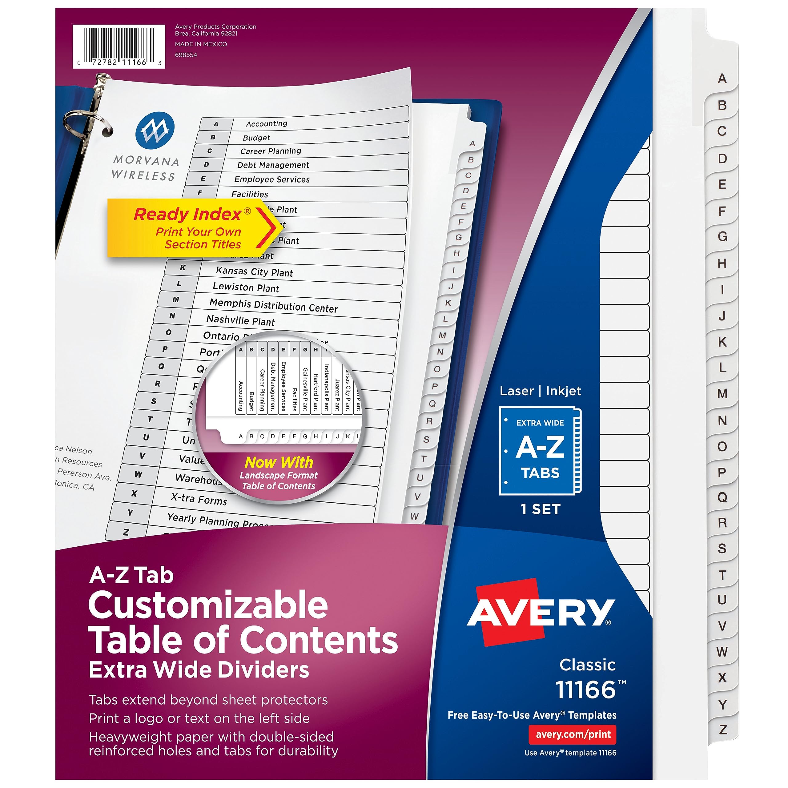 Avery Extra-Wide 26 Tab Dividers for 3 Ring Binders, Customizable Table of Contents, Multicolor Tabs, 1 Set (11166)