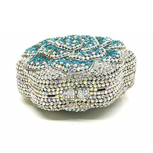 Tngan Women Elegant Rose Flower Evening Clutch Sparkling Crystal Rhinestones Purse Banquet Prom Wedding Handbag, Silver Teal