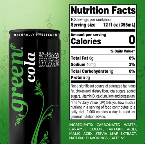 Green Cola - Sugar Free, Zero Calories, Naturally Sweetened with 100% Stevia Leaf Extract, Carbonated Soda, 100% Cola Taste, 12 Fl Oz each can - Pack of 8