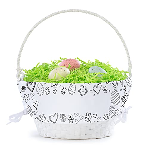 Floral and Heart Theme DIY Personalized Easter Egg Basket with Handle and Custom Name | Color It Yourself Easter Basket Liners | White Basket | Woven Easter Baskets for Kids | Customized Easter Basket