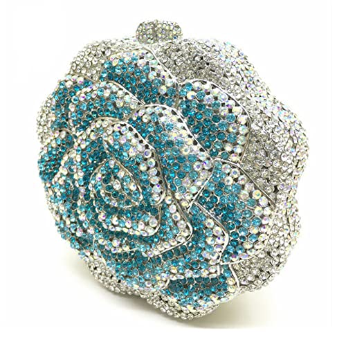 Tngan Women Elegant Rose Flower Evening Clutch Sparkling Crystal Rhinestones Purse Banquet Prom Wedding Handbag, Silver Teal