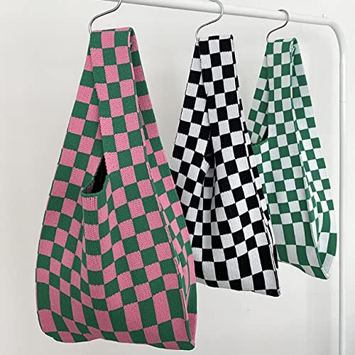 Checker Black & White Checkered Checkboard Knit Tote Bag (Green White), Women Ribbed Market Bag, Fun Style Knitted Tote