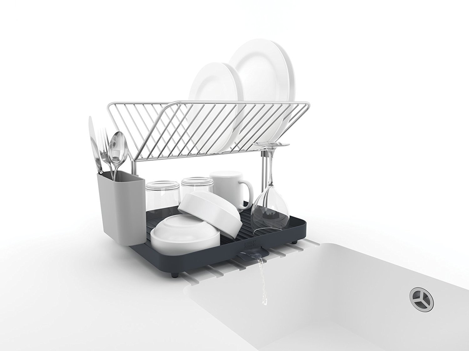 Joseph Joseph Y-Rack Dish Rack and Drain Board Set with Cutlery Organizer Drainer Drying Tray, Large, Gray