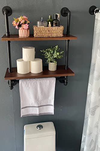 MEYRUOXI Pipe Shelves Industrial Pipe Shelving Industrial Bathroom Shelves with Towel bar,24 in Rustic Metal Pipe Floating Shelves Pipe Wall Shelf,2 Tier Industrial Shelf Wall Mounted with Hook