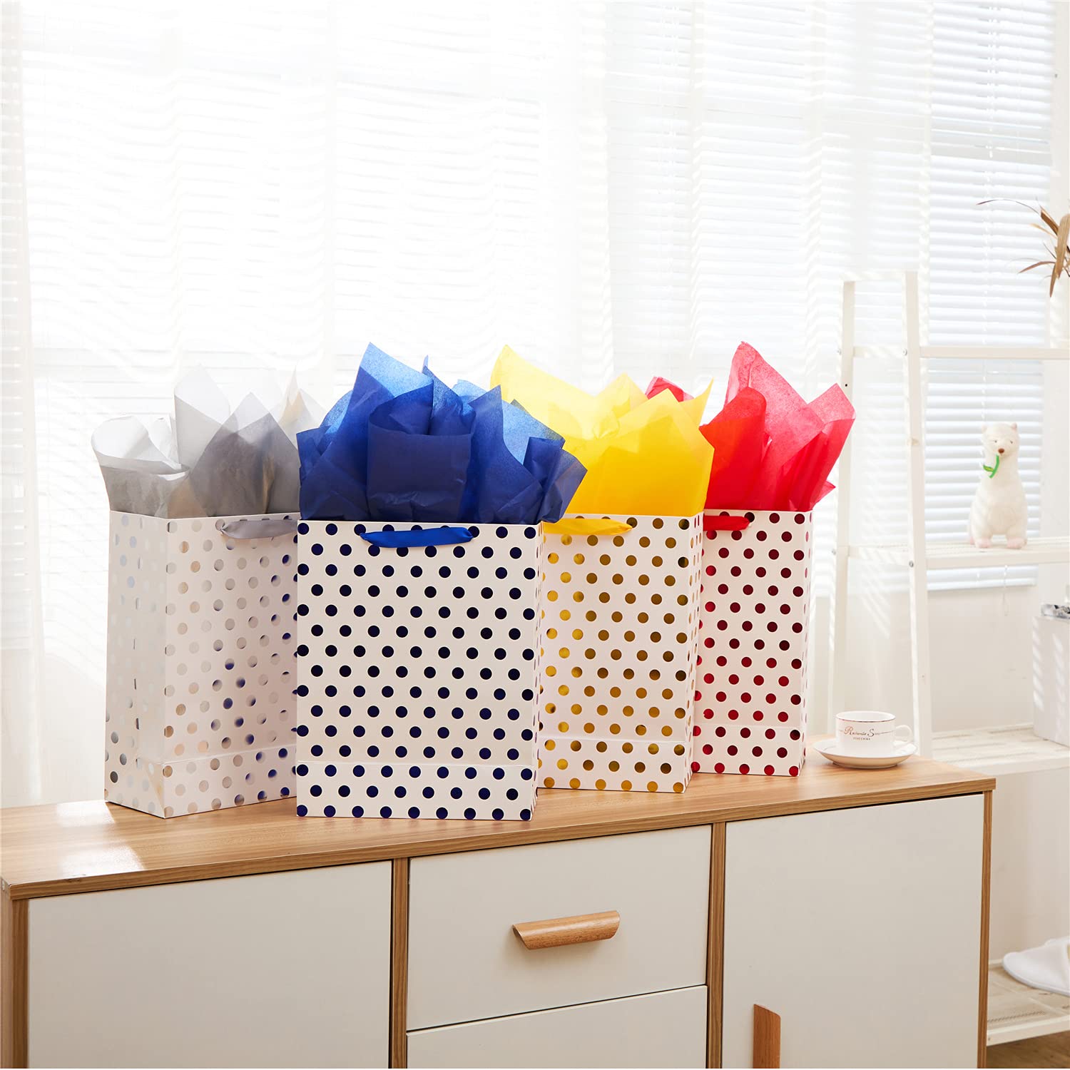 SUNCOLOR 4 Pack Large Gift Bags With Tissue Paper for Valentines's day, Birthday, Father's Day, Mother's and More