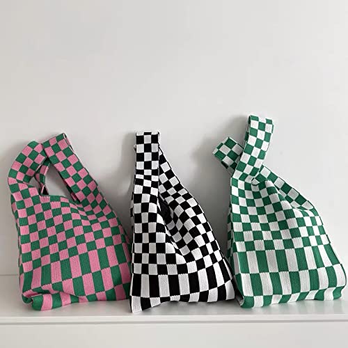 Checker Black & White Checkered Checkboard Knit Tote Bag (Green White), Women Ribbed Market Bag, Fun Style Knitted Tote