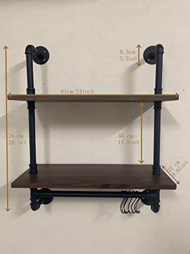 MEYRUOXI Pipe Shelves Industrial Pipe Shelving Industrial Bathroom Shelves with Towel bar,24 in Rustic Metal Pipe Floating Shelves Pipe Wall Shelf,2 Tier Industrial Shelf Wall Mounted with Hook