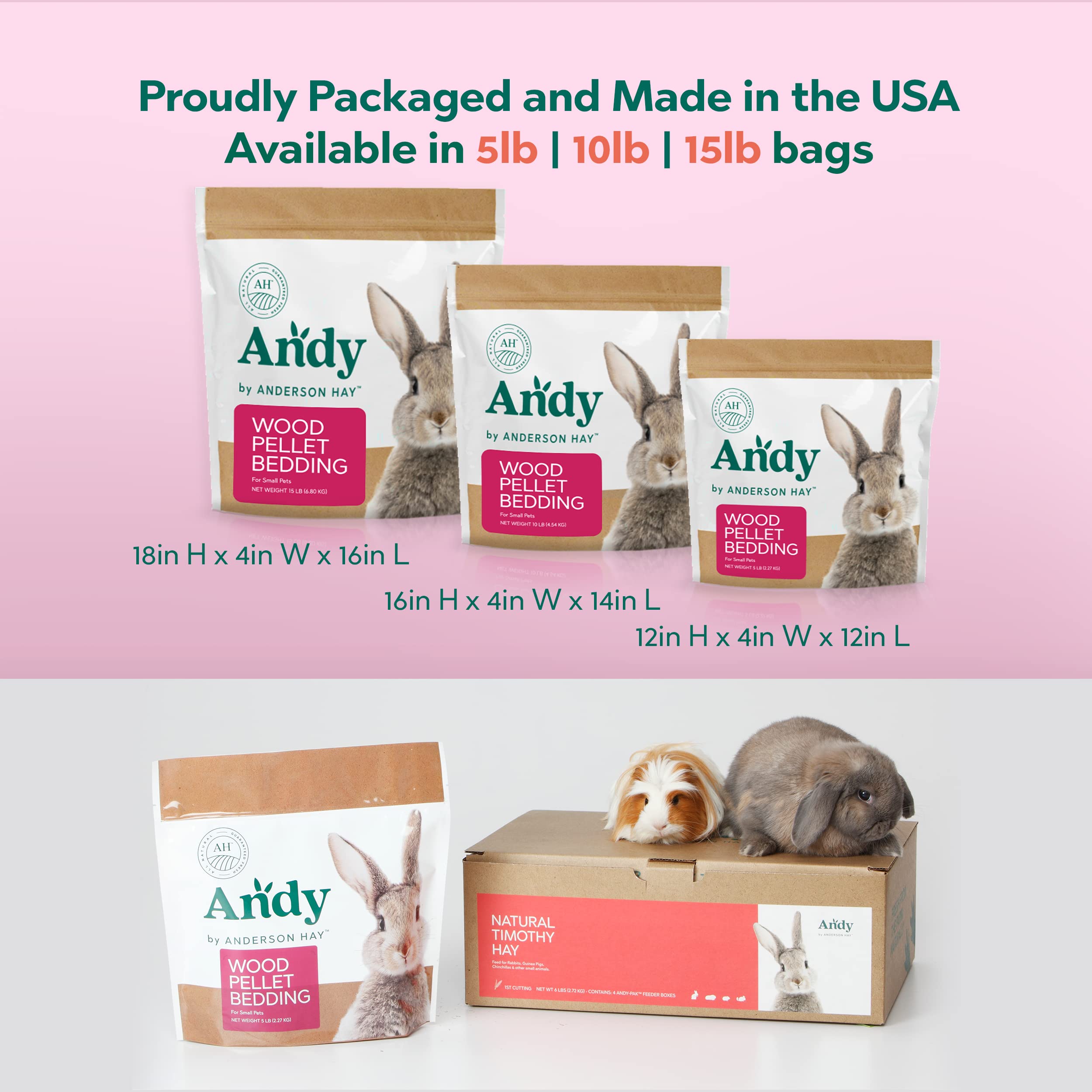 Andy Wood Pellet Bedding, 5 lb Bag, Premium Pine Pellets for Rabbits & Guinea Pig Bedding, Small Pets, Hamster, & Rabbit Litter