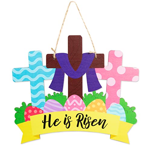 B1ykin He is Risen Cross Wooden Door Hanging Sign Decorations Easter Religious Jesus Hanger with Eggs Design Rustic Art Wood Christian Ornaments Party Supply Gift Decor for Spring April Indoor Outdoor