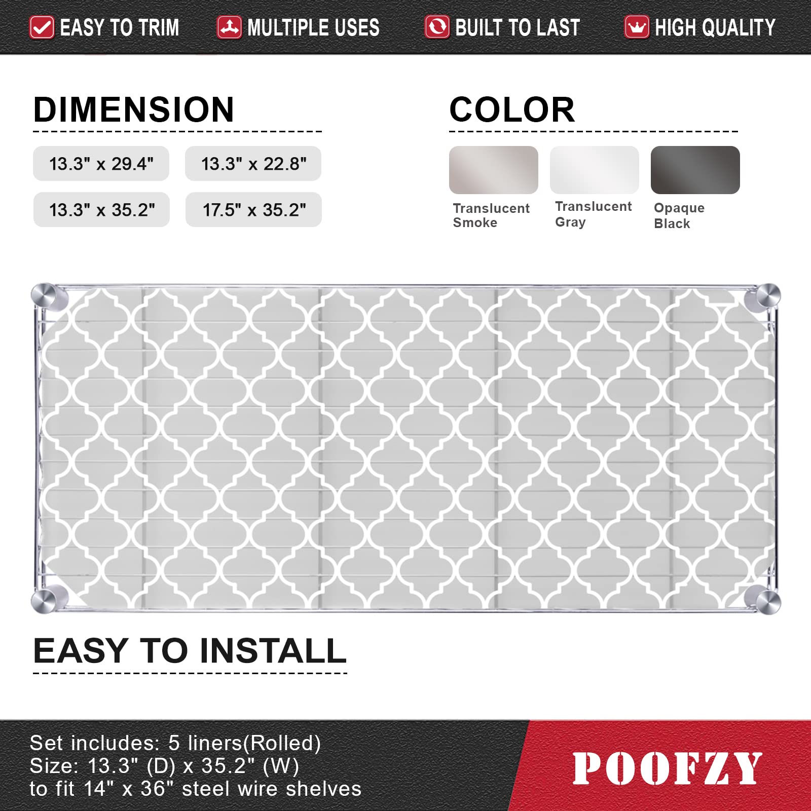 Poofzy Wire Shelf Liners Set of 5 Rolled, Non-Adhesive Waterproof Easy Liner for Kitchen and Pantry (14 Inch x 30 Inch)