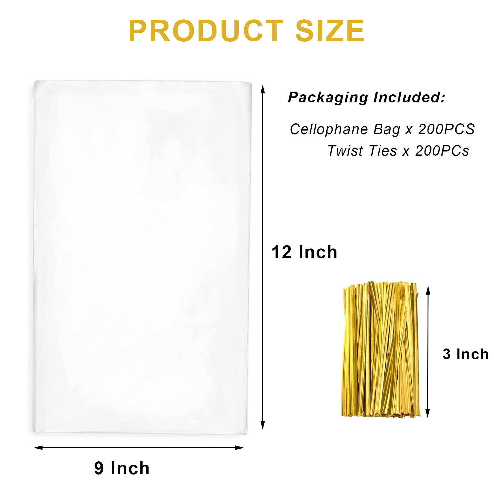 Yotelab Cellophane Bags, 9x12 Inches Clear Cellophane Gift Bags With Twist Ties, Cello Bags 200 PCS
