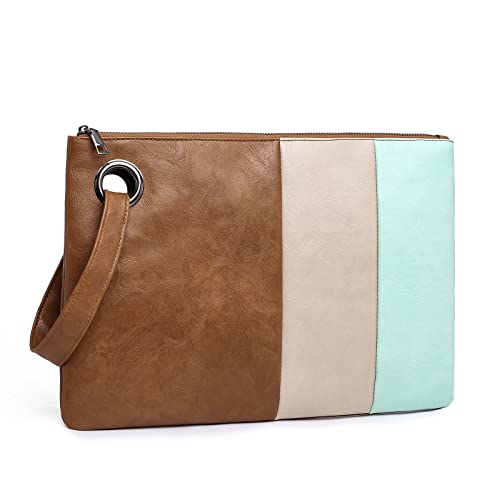 KlaOYer Large Colorblock Soft Pu Leather Wristlet Clutch Bag For Women Designer Large Wallet Evening Purse with Round handle (Brown-White-Green)