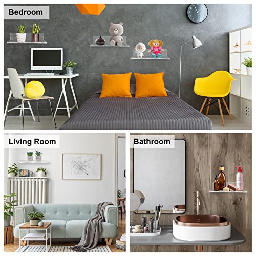 12 Pack Acrylic Floating Shelves 12 Inch Clear Acrylic Shelf Wall Display 4 mm Thick Invisible Book Shelves for Bedroom, Living Room, Bathroom, Office