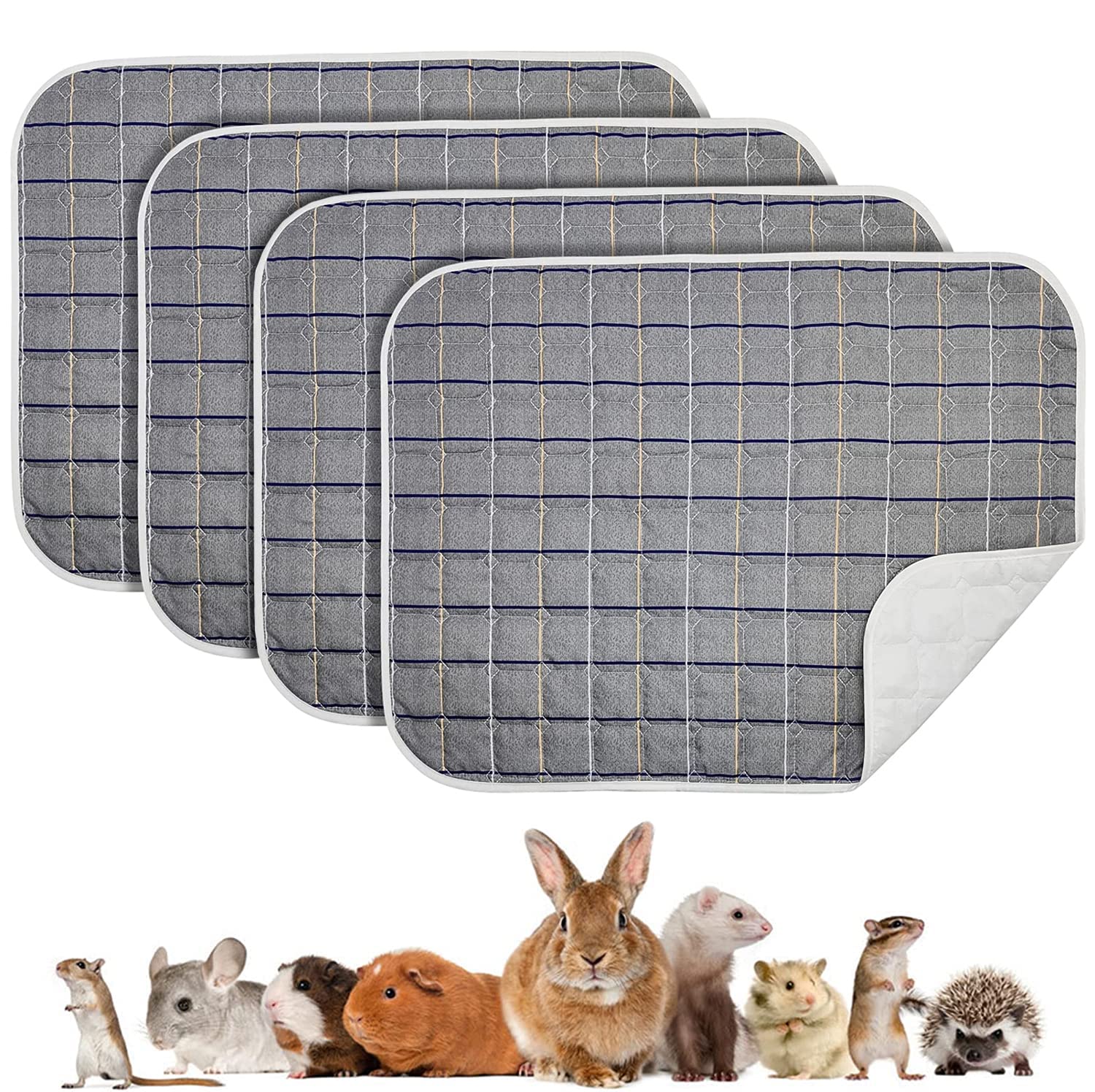 BNOSDM 4 Pack Guinea Pig Cage Liners Washable Mats Reusable Guinea Pig Pee Pads Waterproof Absorbent Bedding Liner for Hamsters Rats Bunny Rabbits Small Animals (Gray Plaid)