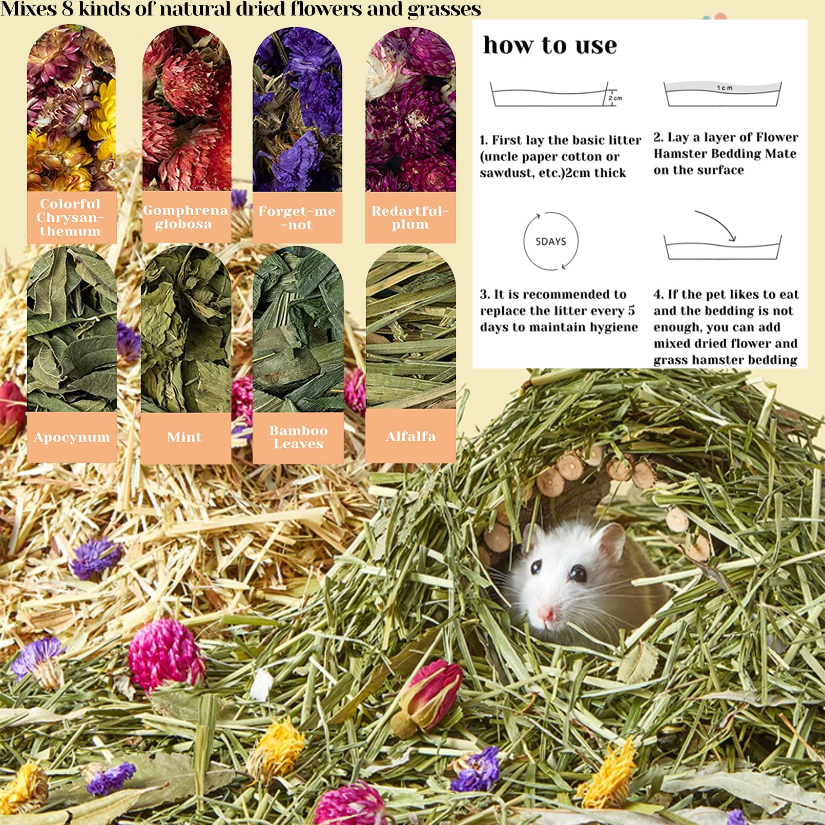 Tfwadmx Hamster Substrate Moss Natural Bedding Habitat Decor for Dwarf Syrian Hamsters Gerbils Mice Degus Bunny or Other Small Animal (Flower & Herb(A)(2PCS))
