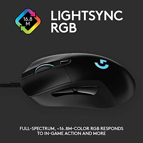 Logitech G403 Hero 25K Gaming Mouse, Lightsync RGB, Lightweight 87G+10G, Braided Cable, 25,600 DPI, Rubber Side Grips (Renewed)