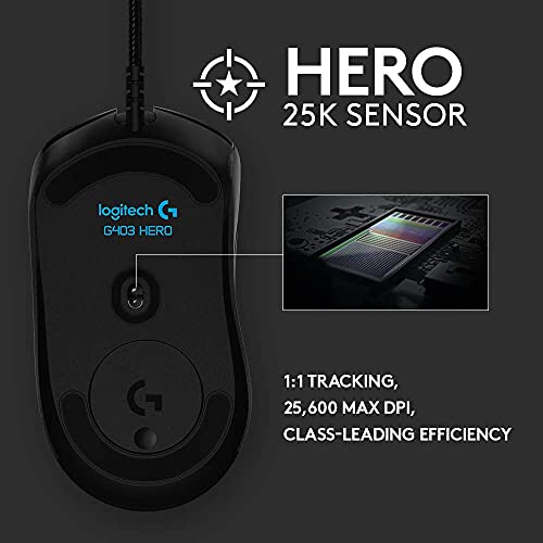 Logitech G403 Hero 25K Gaming Mouse, Lightsync RGB, Lightweight 87G+10G, Braided Cable, 25,600 DPI, Rubber Side Grips (Renewed)