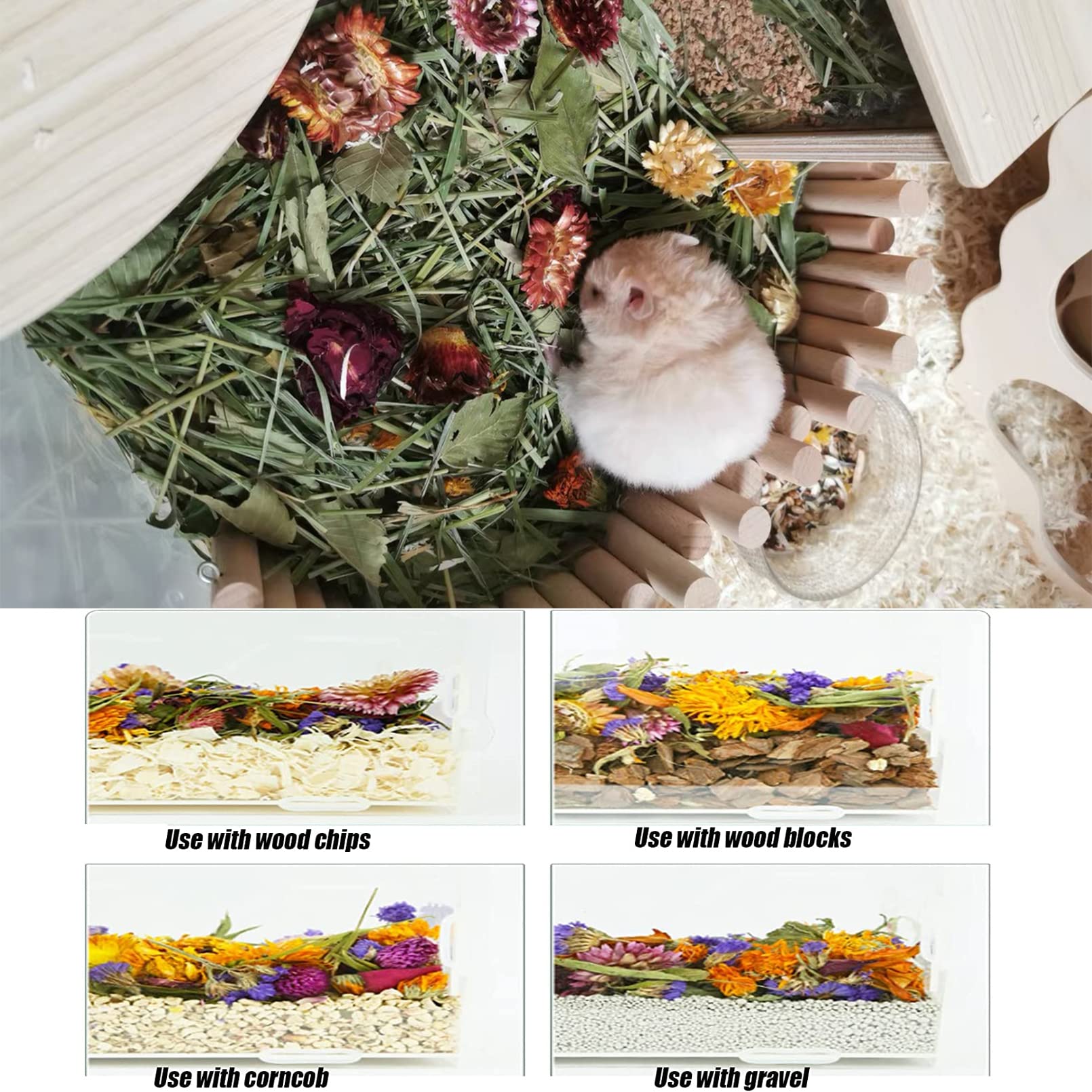 Tfwadmx Hamster Substrate Moss Natural Bedding Habitat Decor for Dwarf Syrian Hamsters Gerbils Mice Degus Bunny or Other Small Animal (Flower & Herb(A)(2PCS))