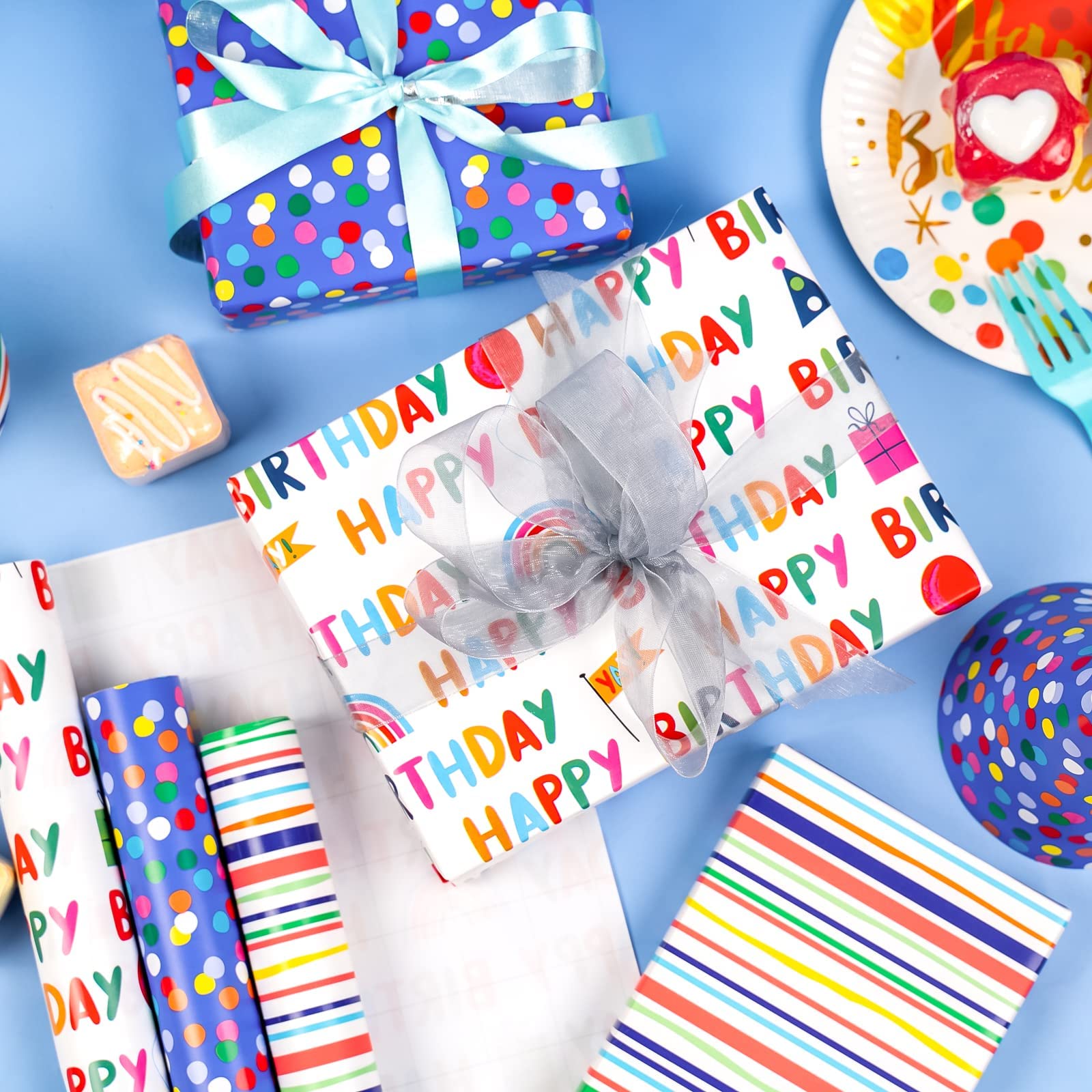 MAYPLUSS Birthday Wrapping Paper Roll - Mini Roll - 17 inch X 120 inch Per roll - Polka dots, Stripes Patterns (42.3 sq.ft.ttl)