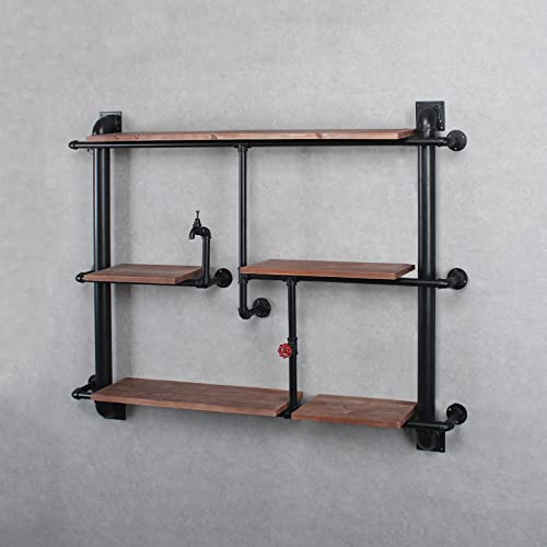 Industrial Pipe Shelving,Rustic Wooden&Metal Floating Shelves,Home Decor Shelves Wall Mount Display Racks,Decorative Accent Wall Book Shelf for Kitchen or Office Organizer,Grey