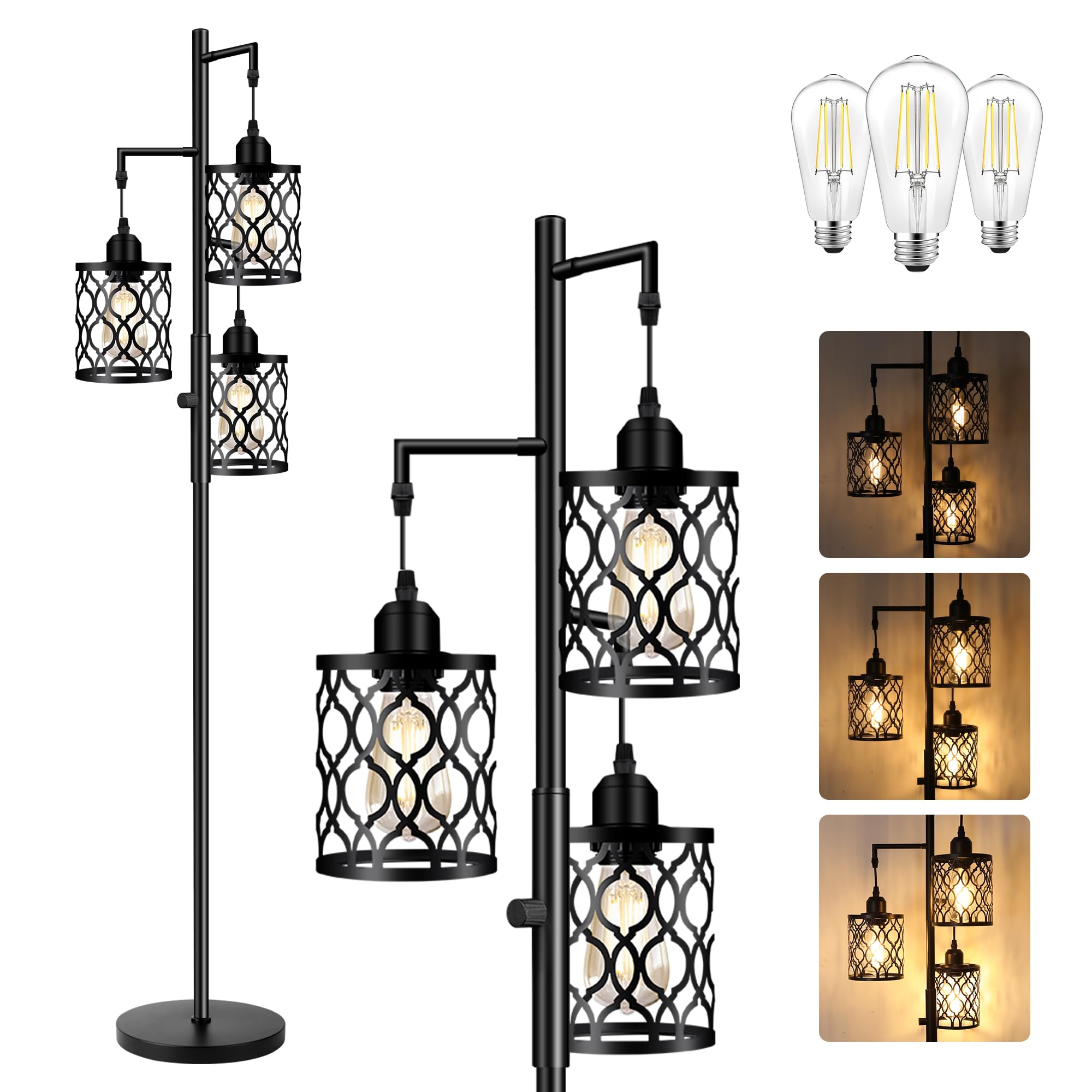 68" Industrial Floor Lamp, Dimmable Farmhouse Floor Lamp for Living Room, 3 Light Rustic Standing Tall Lamp Including 3 PCS 6W E26 Bulbs, Sturdy Base Vintage Floor Lamp for Bedrooms Room, Office, Bar