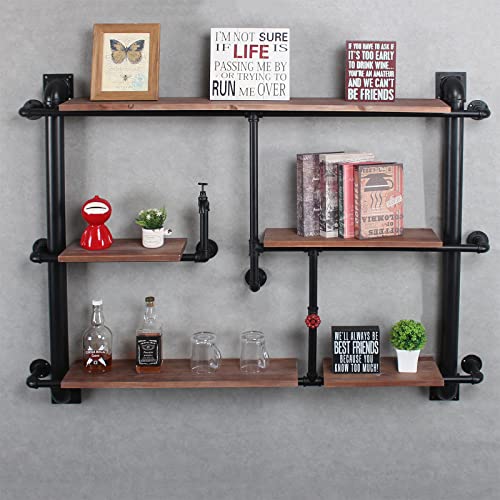 Industrial Pipe Shelving,Rustic Wooden&Metal Floating Shelves,Home Decor Shelves Wall Mount Display Racks,Decorative Accent Wall Book Shelf for Kitchen or Office Organizer,Grey