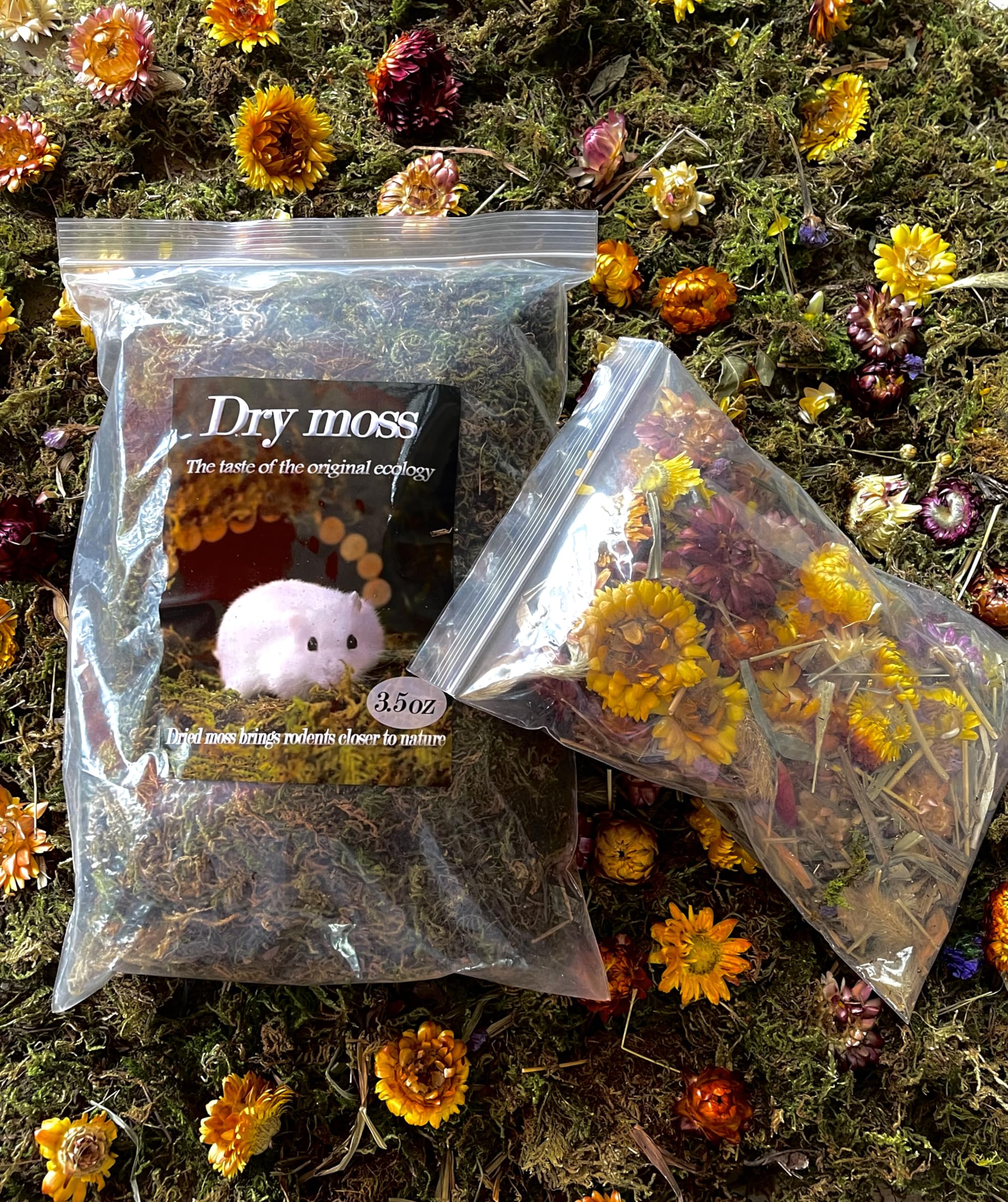 BGUNDI KHZYK 3.5oz Forest Hamster Moss & 1.76oz Hamster Flowers,Hamster Bedding Suitable for Dwarf Hamsters and Syrian Hamsters,Hamster Sprays,Hamster Habitat Decor for Hamster Cage Accessories