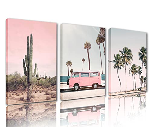 Tucocoo Modern Pictures for Living Room Beach Palm Trees Paintings 3 Pieces Canvas Summer Pink Wall Art Saguaro Cacti Artwork Home Decor Giclee Wooden Framed Stretched Ready to Hang(42x20inch)