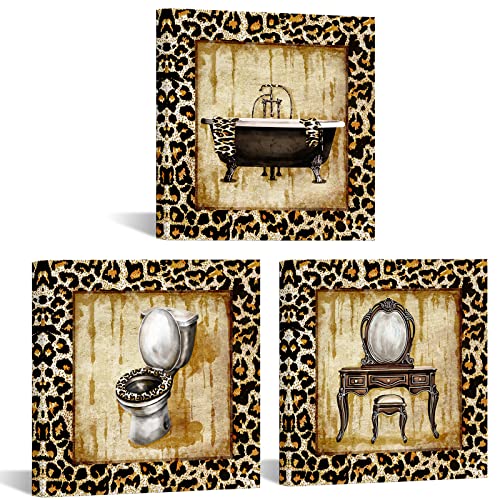 Saypeacher 3 Pieces Fashion Leopard Canvas Prints Abstract Tub Toilet Vanity Vintage Artwork for Makeup Room Bedroom Bathroom Home Decor Stretched and Framed Ready to Hang 12x12inchx3pcs