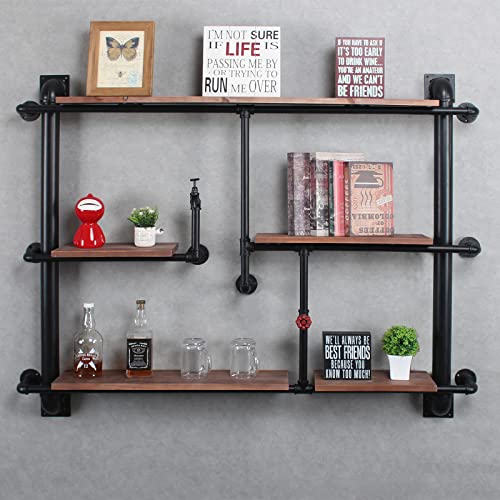 Industrial Pipe Shelving,Rustic Wooden&Metal Floating Shelves,Home Decor Shelves Wall Mount Display Racks,Decorative Accent Wall Book Shelf for Kitchen or Office Organizer,Grey