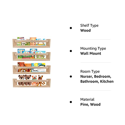 BIROLA Nursery Book Shelves Set of 4,Wood Floating Nursery Shelves for Wall,Wall Bookshelves for Kids,Bathroom Decor, Kitchen Spice Rack (Set of 4)