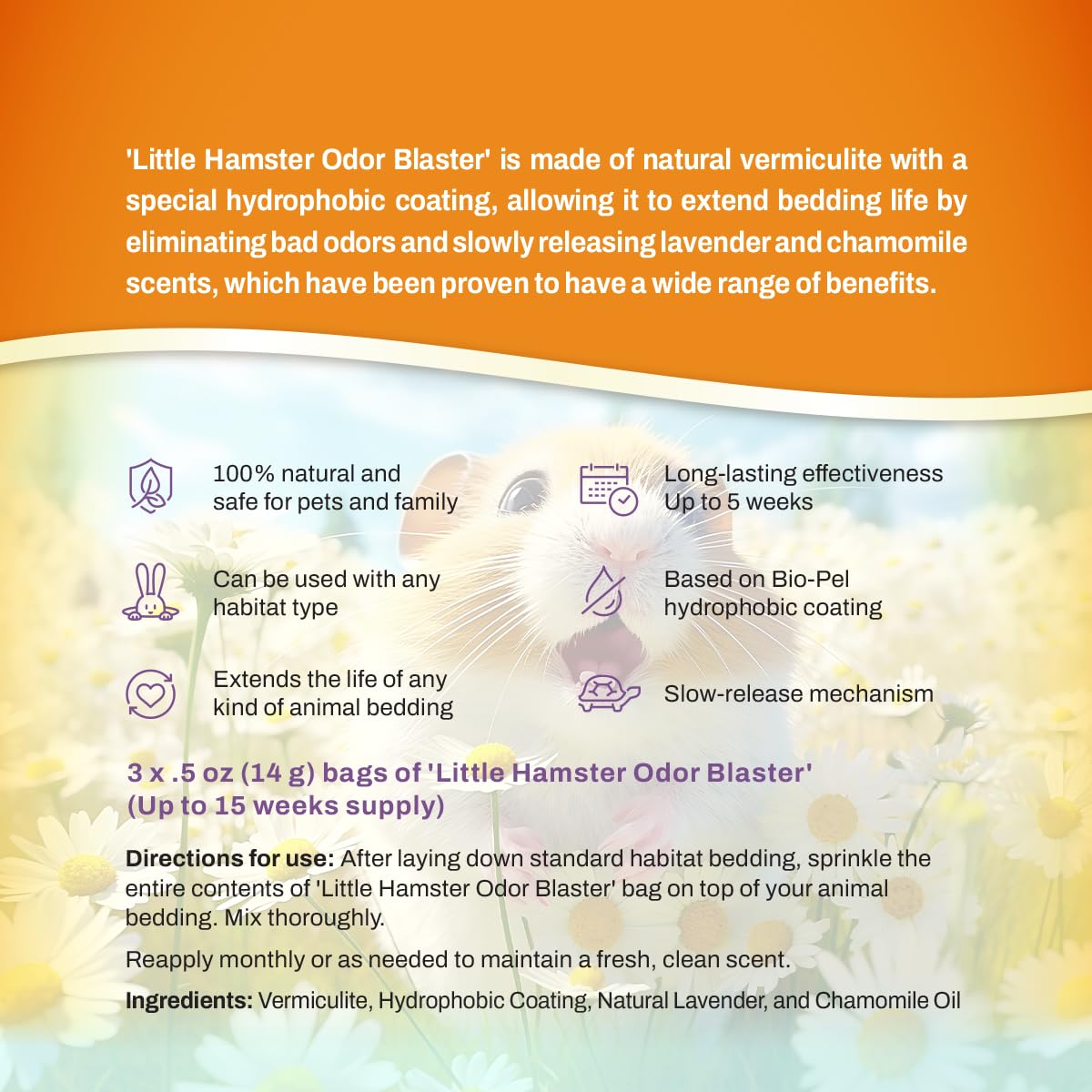 Little Hamster Odor Blaster | a New Generation Of Animal Bedding Deodorizer | Unique Formula for Slow Release | Natural Fresh Scent - Lavender & Chamomile | Up to 15 Weeks Supply | 3 x 0.5oz bags