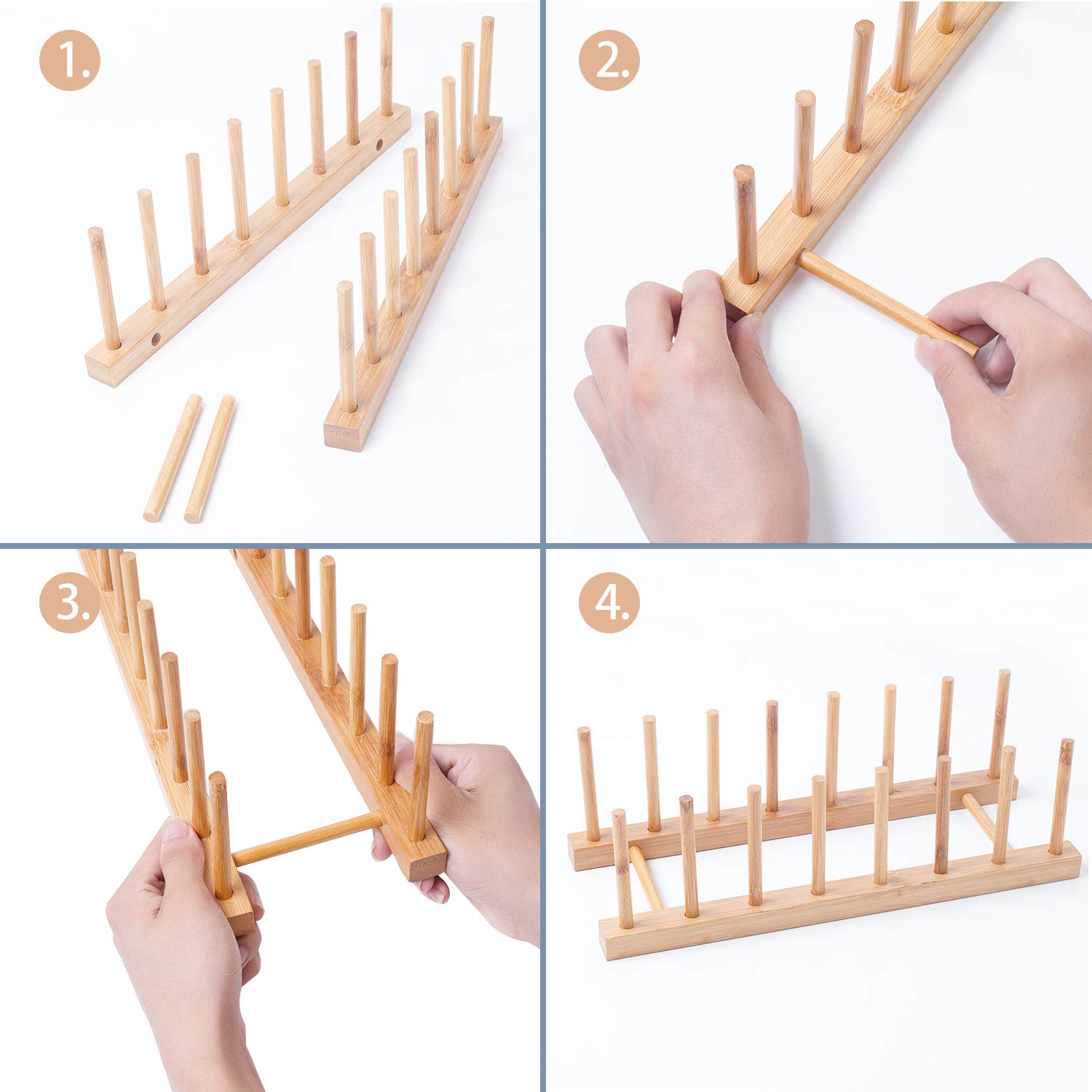 Wevapers 4Pack Bamboo Wooden Dish Rack, Plate Rack Stand Pot Lid Holder, Kitchen Cabinet Organizer for Cup, Cutting Board, Bowl, Drying Rack and More