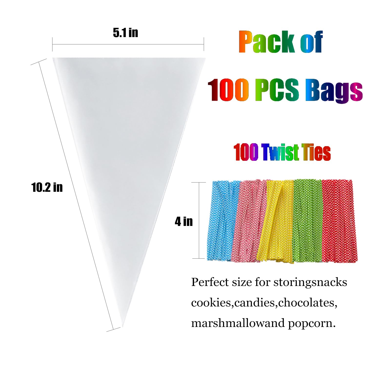 100pcs Sweet Cone Bags 25x13cm with 100pcs Coloured Dot Twist Ties, Clear Cellophane Bags for Baking, Candy, Cookie, Displaying, Wrapping (25x13cm)