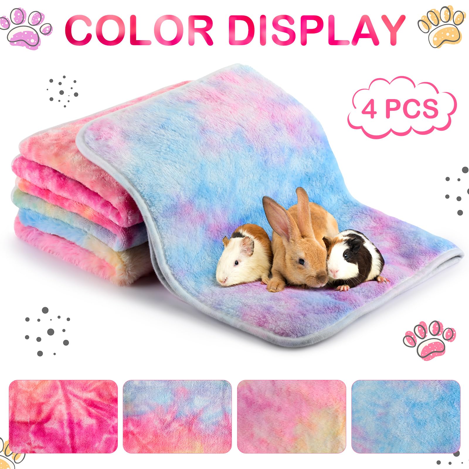 4 Pcs Waterproof Guinea Pig Blankets Washable Small Animal Fleece Bedding Absorbent Guinea Pig Cage Liners Reusable Pet Pee Pad Sleep Mat Pad Cover for Hamster Ferret (Tie Dye Pattern,24 x 16 Inch)