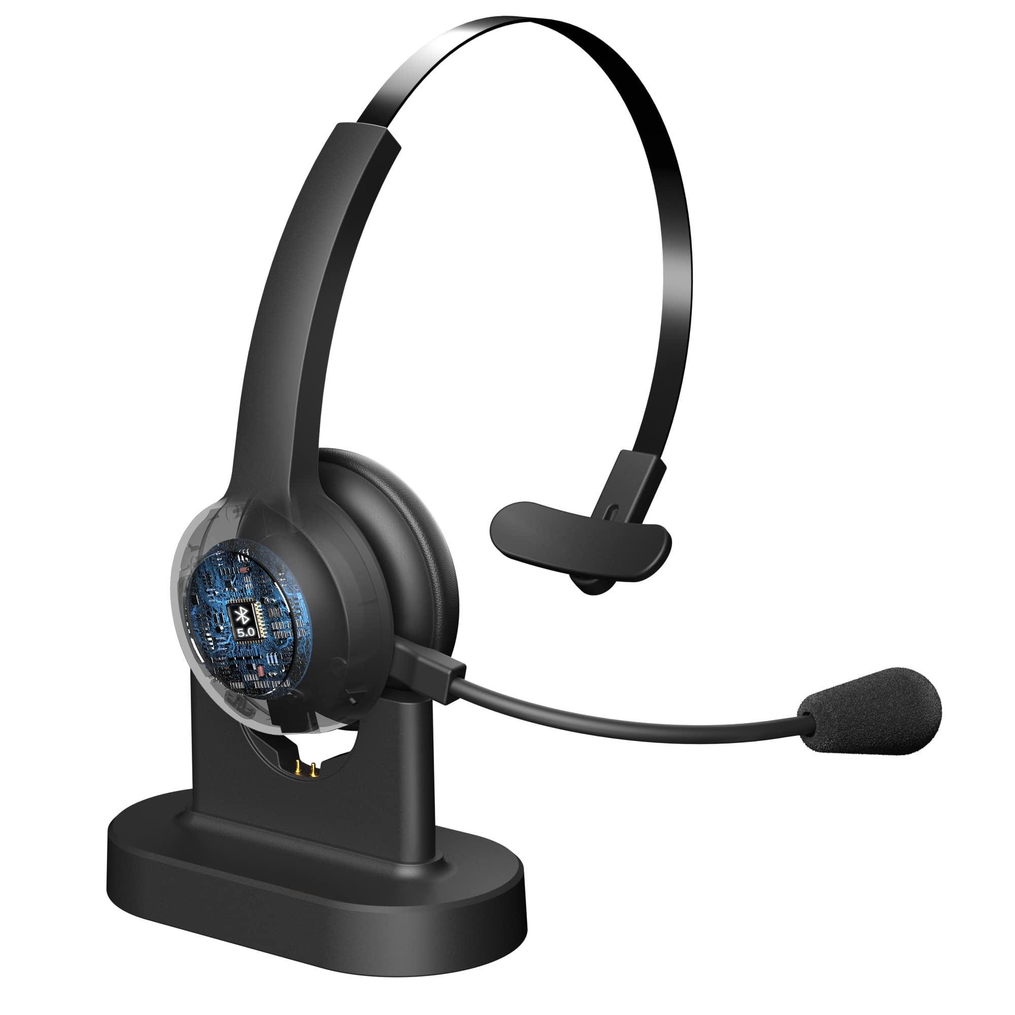 ELEVOC Trucker Bluetooth Headset with Microphone Noise Cancelling & Mute Button Telephone Headsets for PC Cell Phones Wireless On-Ear Headphone with Charge Stand for Zoom Meetings Skype Home Office