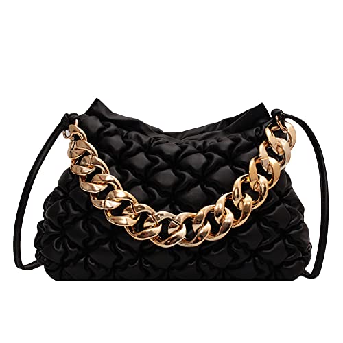 AIZHIYI Fashion Pleated Women Handbags Chain Leather Messenger Clutch Bags (Black)