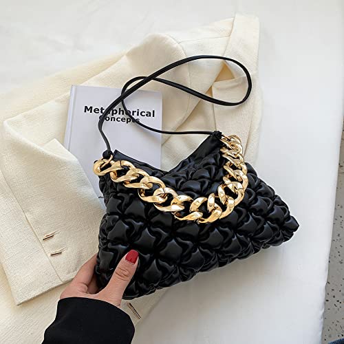 AIZHIYI Fashion Pleated Women Handbags Chain Leather Messenger Clutch Bags (Black)