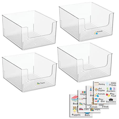 mDesign Plastic Open Front Toy Storage Organizer Bin for Playroom, Nursery, Kids Closets; Holds Action Figures, Crayons, Building Blocks, Puzzles - Ligne Collection - 4 Pack + 24 Labels - Clear