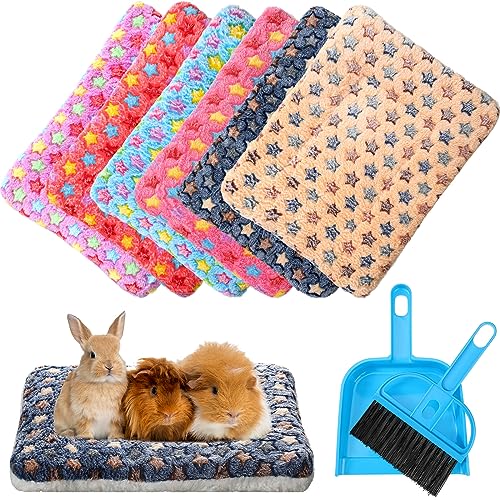 Yulejo 6 Pieces Guinea Pig Bed Plush Hamster Mat Bunny Bed Small Animal Sleeping Bedding Pads with Cleaning Dustpan Brush for Chinchilla Squirrel Hedgehog Small Animals (Cool Color, Star)