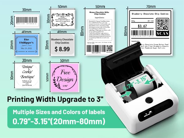Memoqueen Label Maker Machine with 3 Roll Labels M200 Portable Label Makers, Upgrade 3 Inch Bluetooth Thermal Barcode Label Printer for Small Business/Home Use, for Retail, Logo, Labeling, Name, White