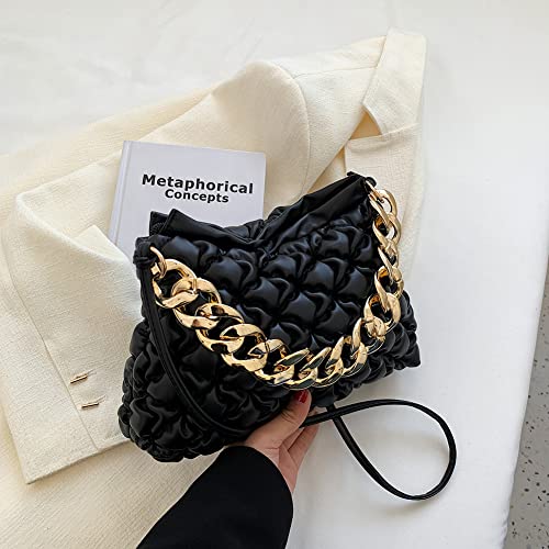 AIZHIYI Fashion Pleated Women Handbags Chain Leather Messenger Clutch Bags (Black)