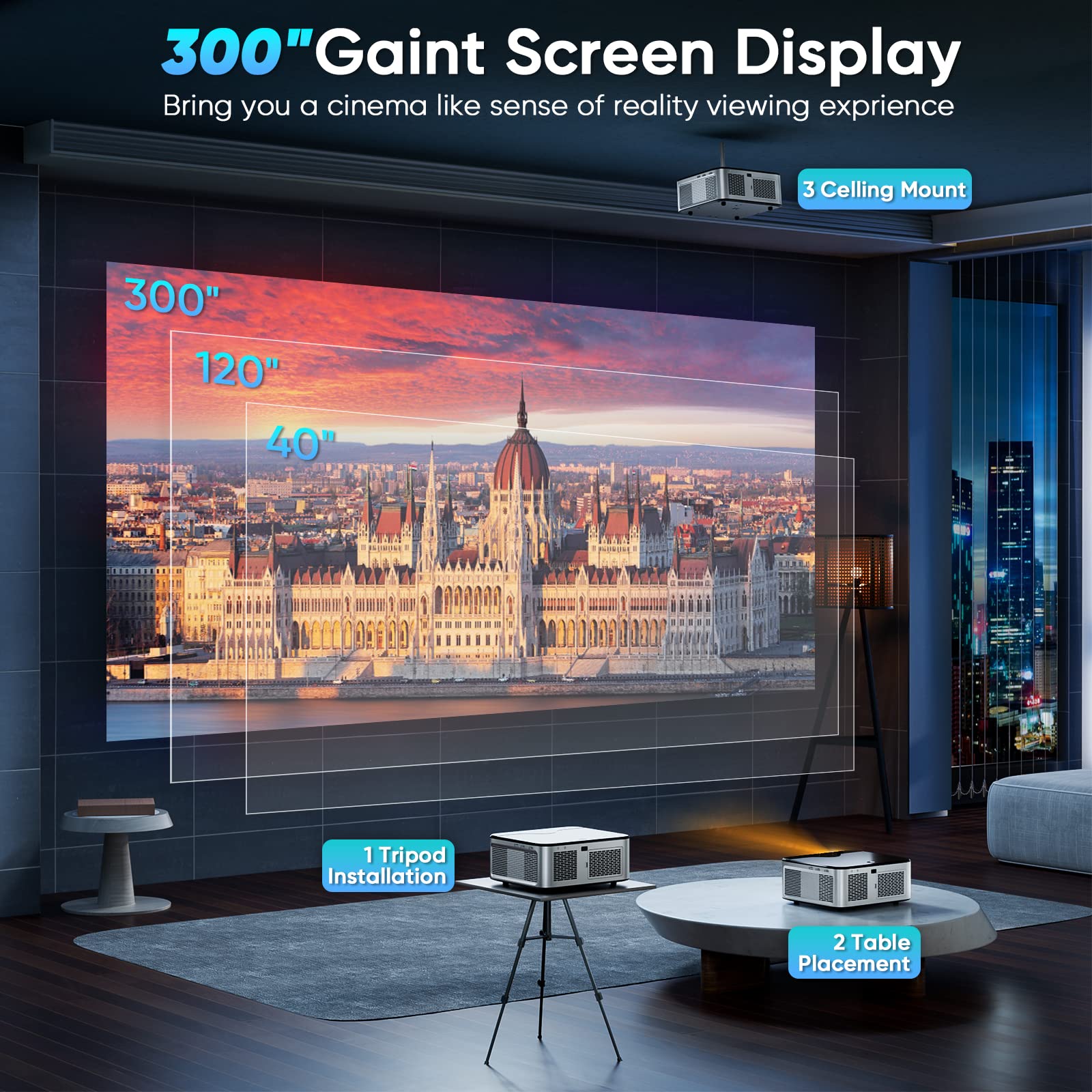 XIWBSY Projector with WiFi and Bluetooth Native 1080P 500 ANSI Full HD Portable Projector for Home Theater Gaming,Compatible with iOS/Android/TV Stick/PS4/HDMI/USB/PPT