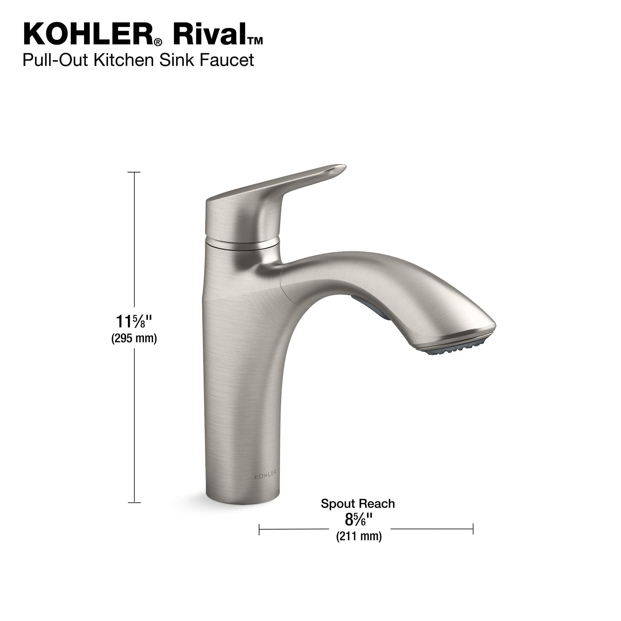 Kohler 30468-VS Rival Single Handle Pull-Out Kitchen, Laundry, Utility Sink Faucet, Vibrant Stainless, 1.5 gpm