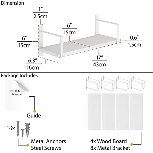 Wallniture Toledo 17" Floating Shelves for Wall, Bookshelf Living Room Decor, Kitchen Organization, Bathroom Shelves, 17" Office Wall Shelf Set of 4 White