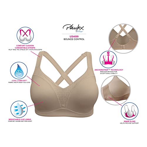 Playtex Women's Bounce Control, Coverage Convertible Wireless T-Shirt, Full-Support Wirefree Bra, White, 40DDD
