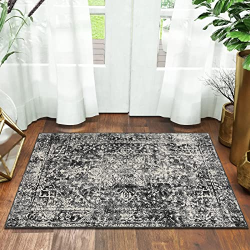 Morebes Persian Vintage Area Rug 2x3, Washable Small Indoor Door Mat Traditional Medallion Entryway Rug,Non-Slip Non-Shedding Kitchen Sink Throw Carpet for Bathroom Laundry Entrance,Gray/Black